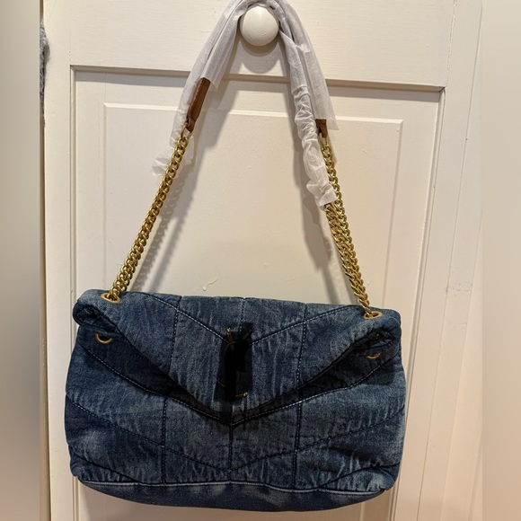 Bags | Designer Inspired Blue Denim Quilted Chevron Shoulder Bag W Gold ...